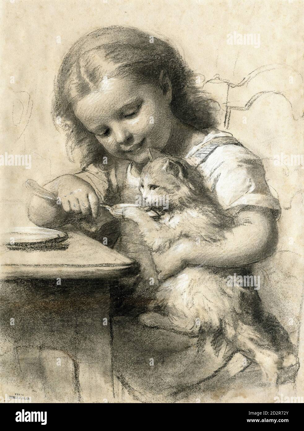 Zuber-Buhler Fritz - Girl Feeding a Cat - Swiss School - 19th Century ...