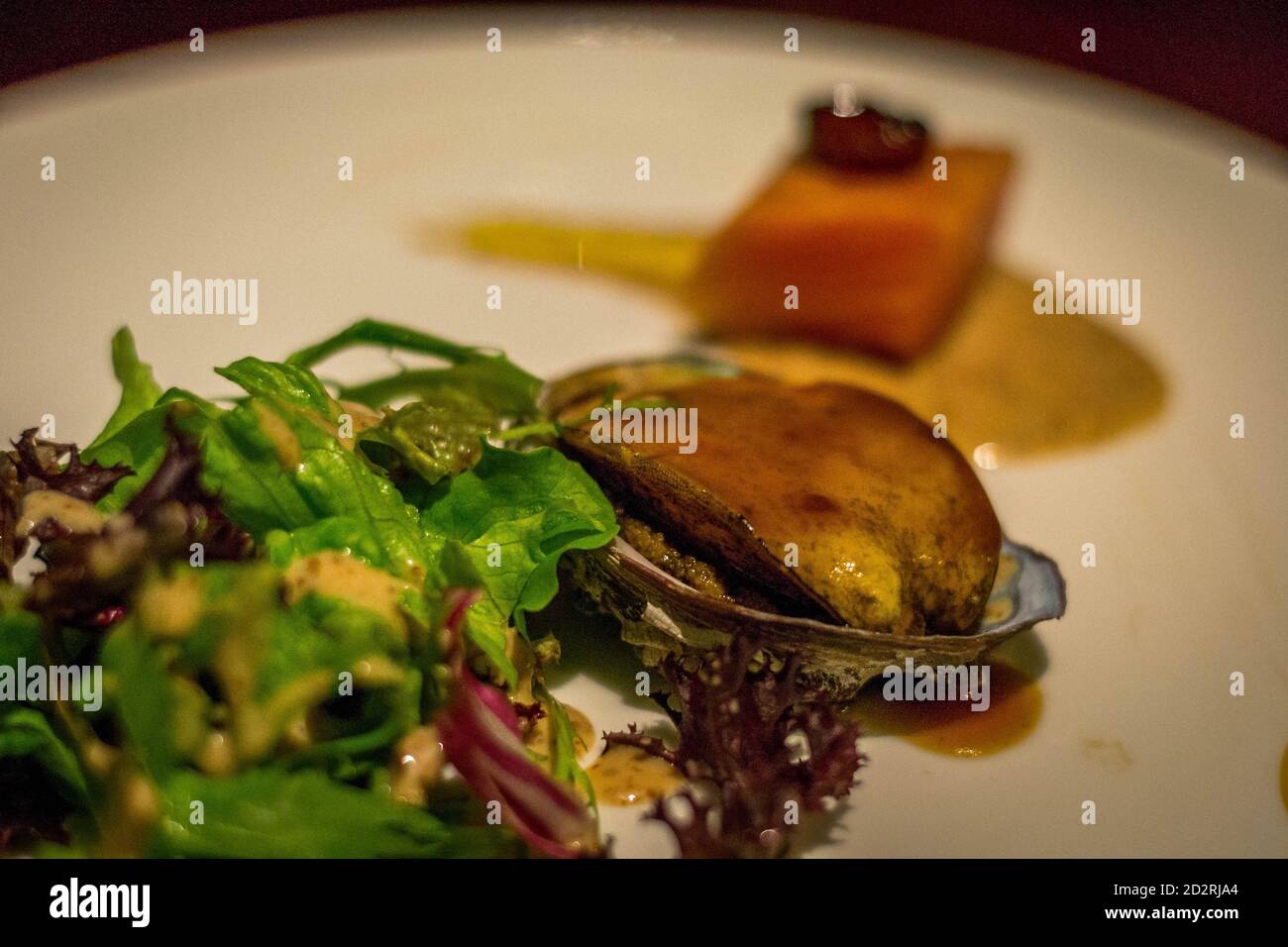 an appetizer of briased abalone and salmon cube with salad on the side ...