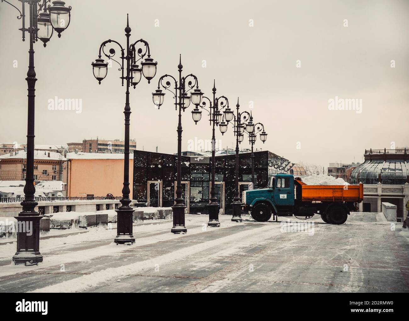 MOSCOW, RUSSIA - JANUARY 17, 2016: Snow removal machines. The Cathedral ...