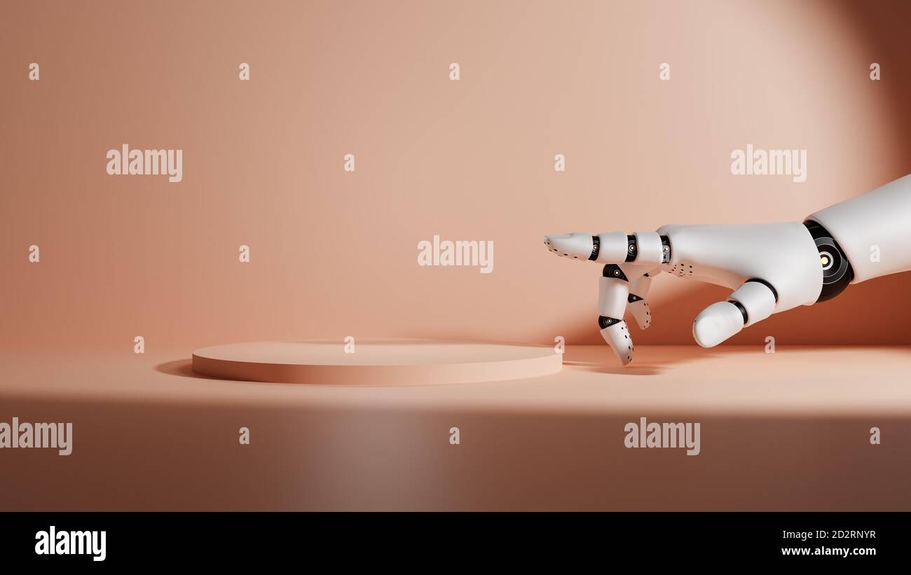 Robotic hand points to empty podium or stand. Pastel background Stock ...