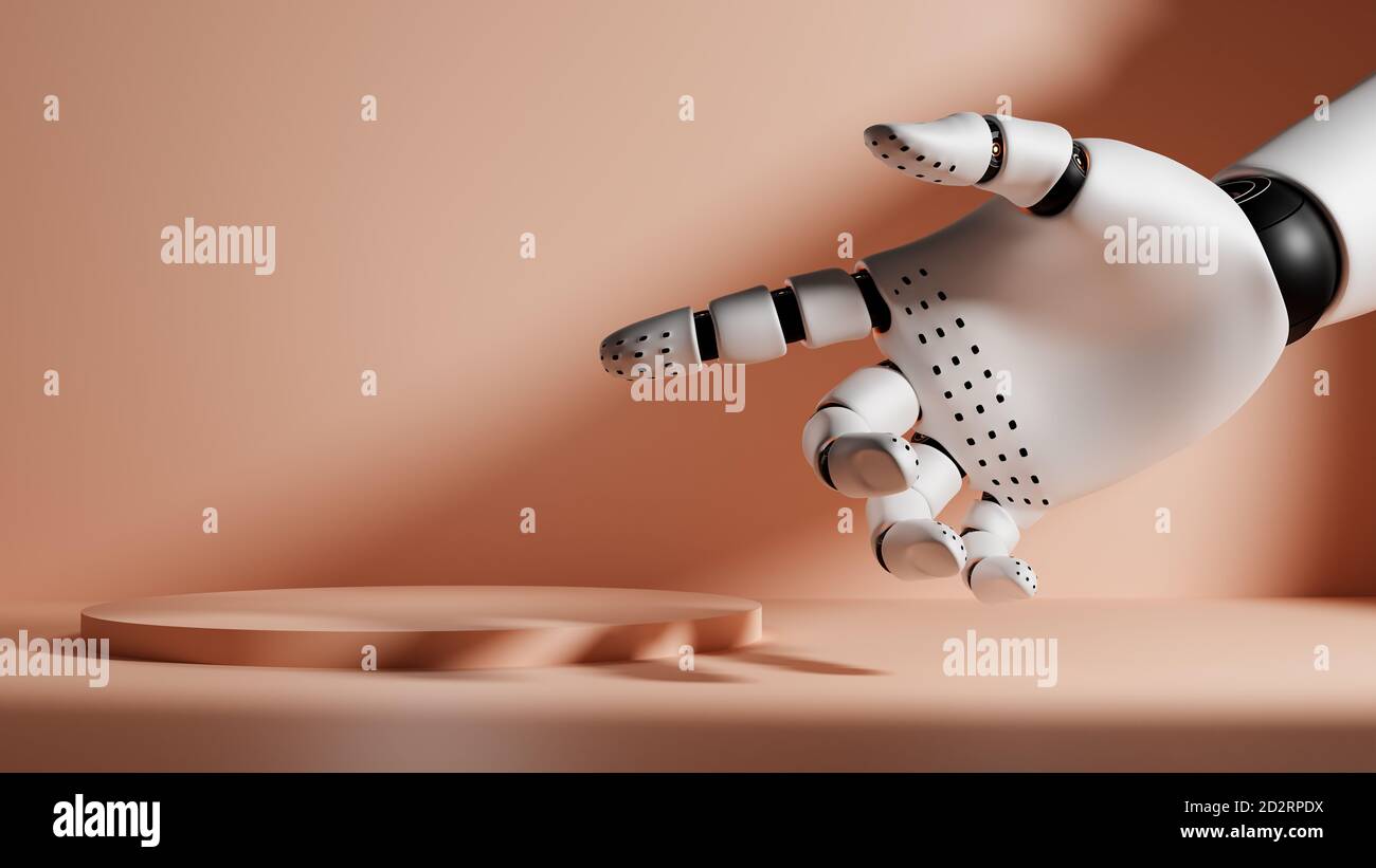 Robotic hand points to empty podium or stand. Pastel background Stock ...