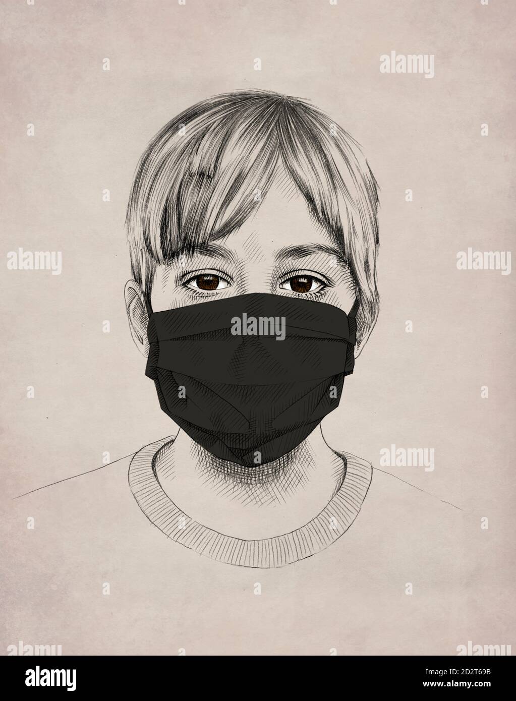 Drawing of adorable child with wearing protective mask during ...