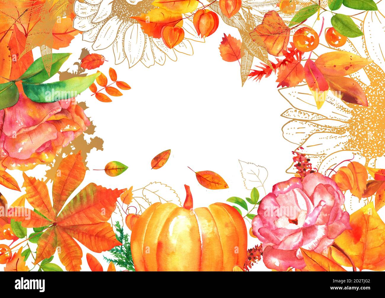 Autumn watercolor greeting card or invitation design template with fall ...