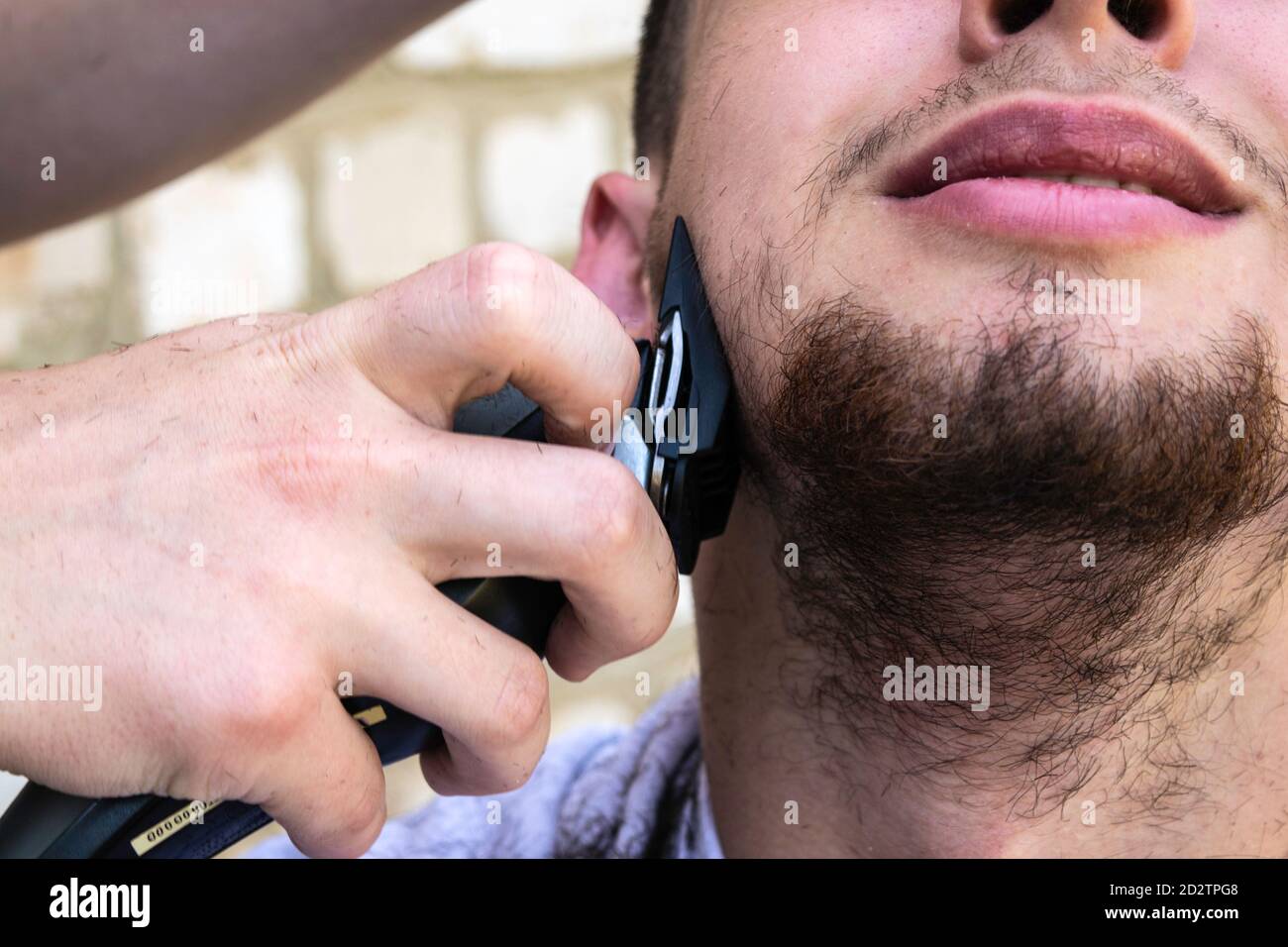 the barber cuts his beard to the guy with a shearing machine Stock ...