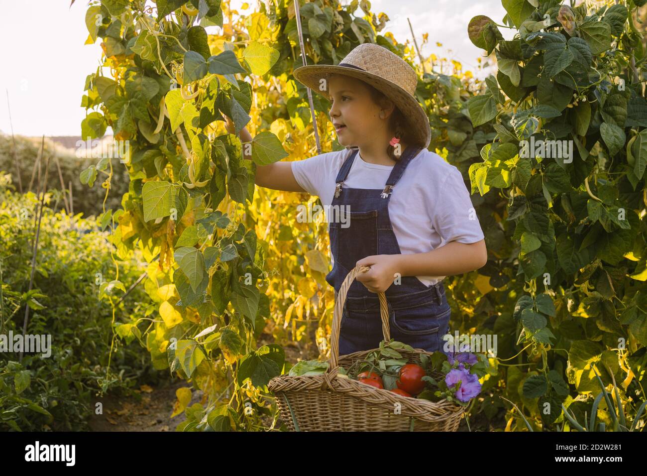 Side view of cute kid in straw hat standing in lush garden and ...