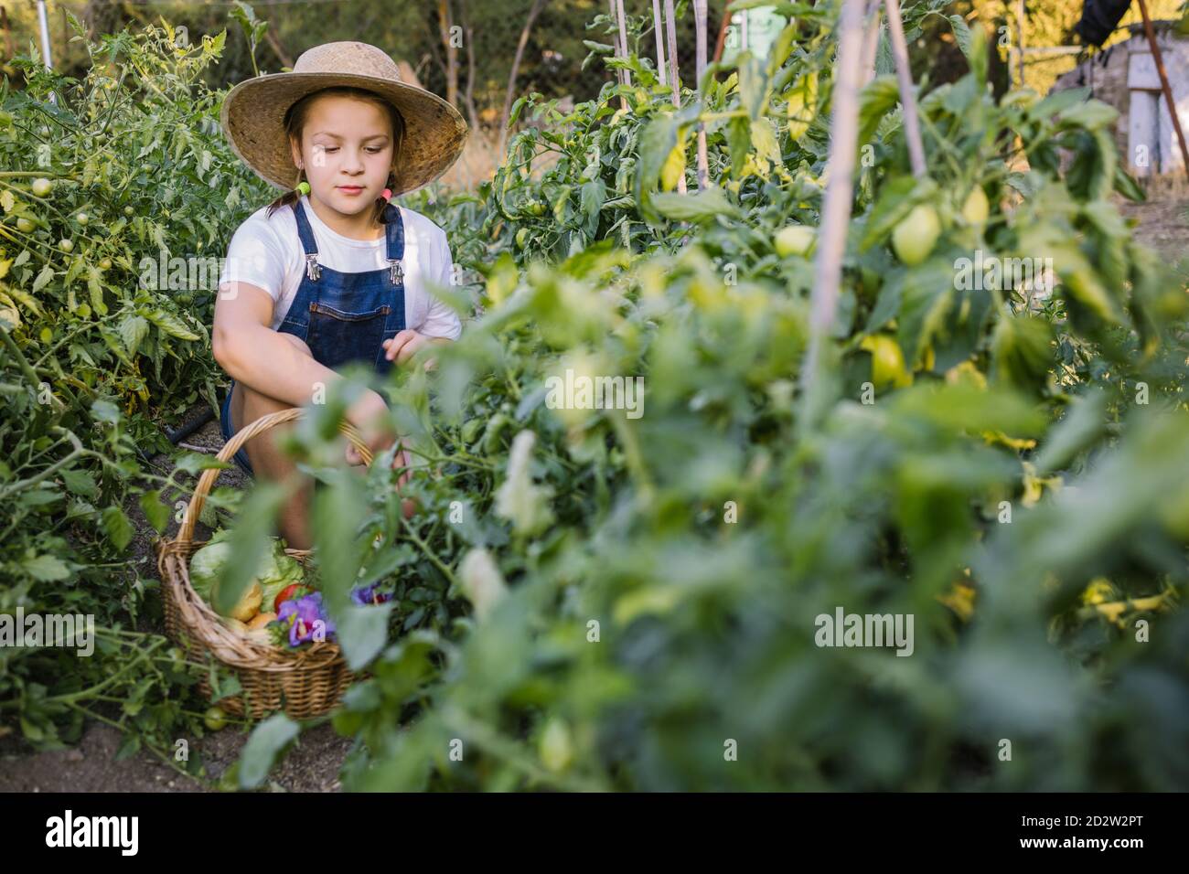 Side view of cute kid in straw hat standing in lush garden and ...