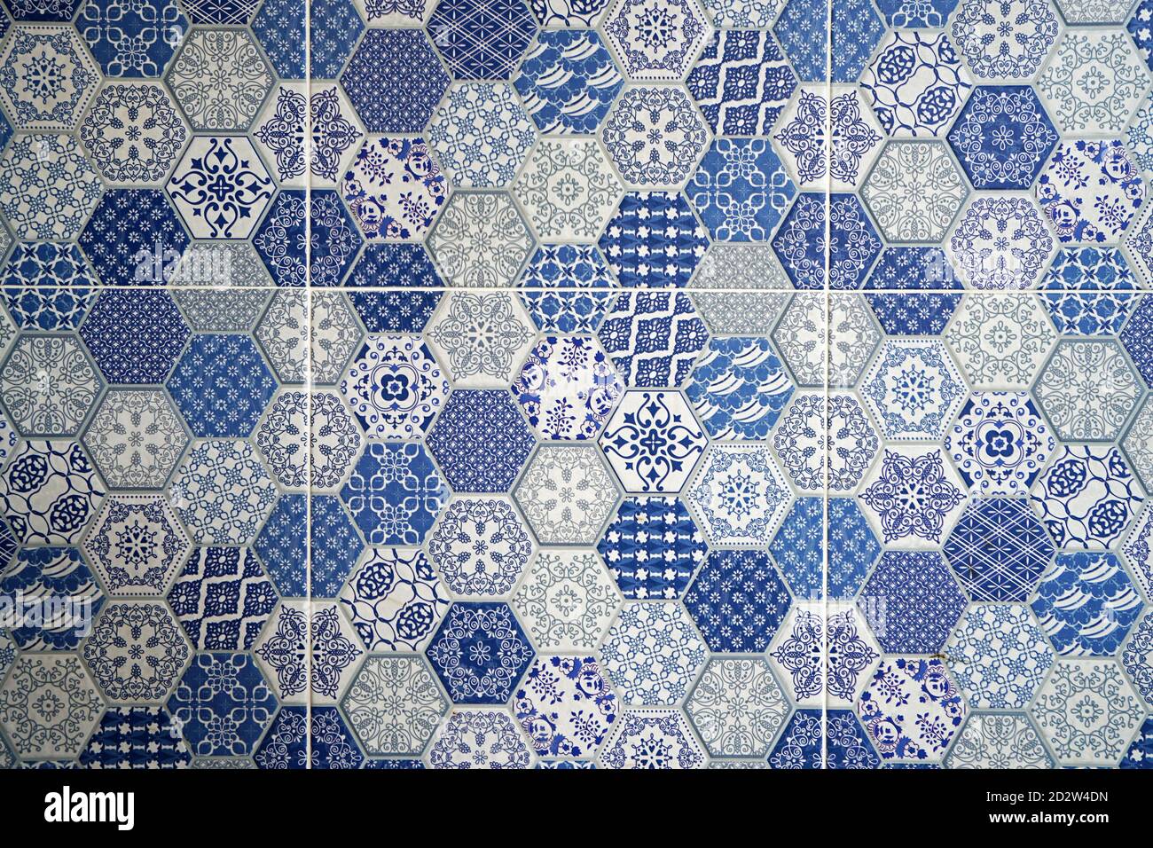 Close up Blue and white hexagonal wall tiles texture and surface Stock ...