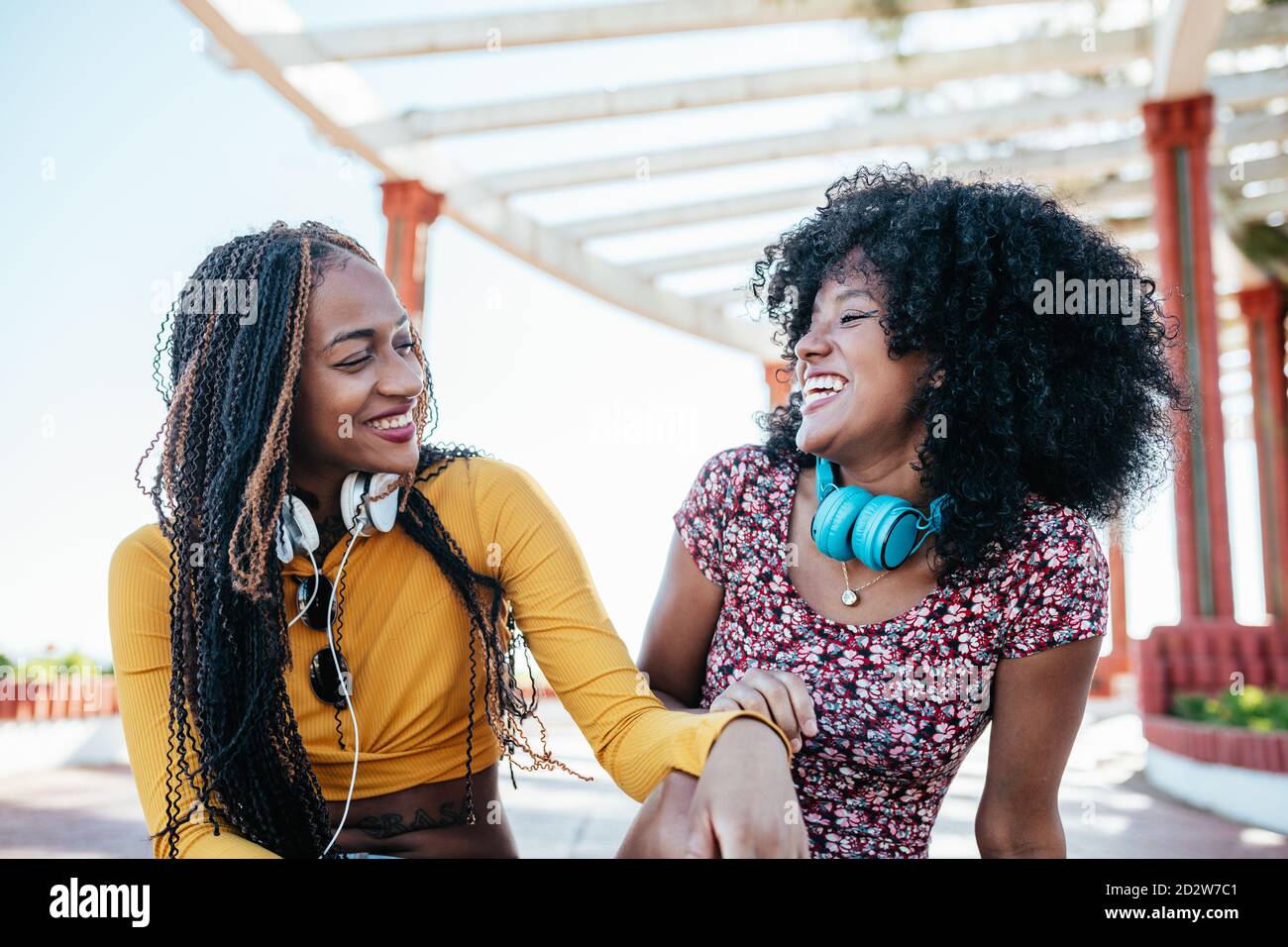 Cheerful black female friends with braids and curly hair sitting on ...