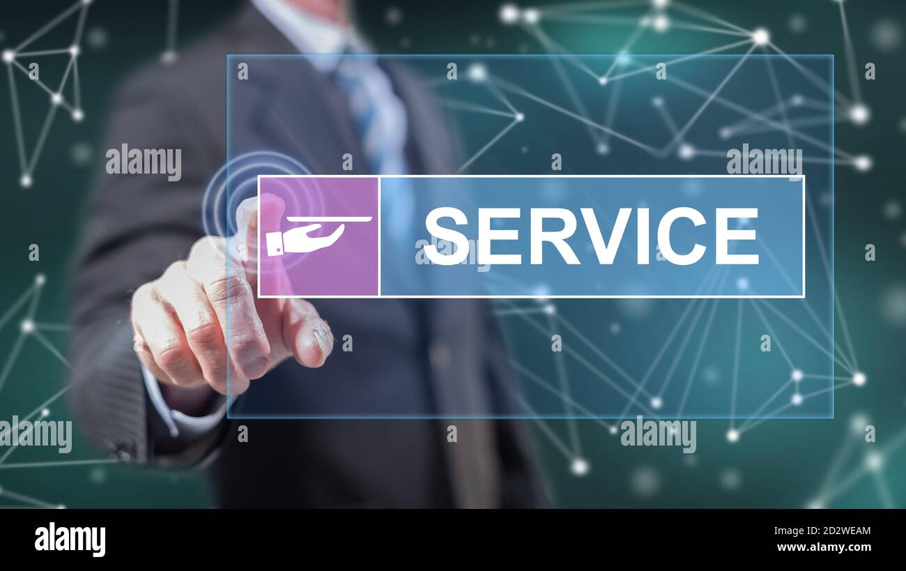 Man touching a customer service concept on a touch screen with his ...