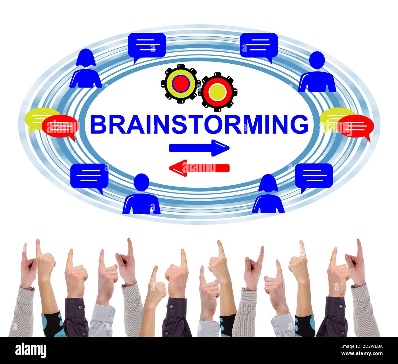 Brainstorming concept on white background pointed by several fingers ...