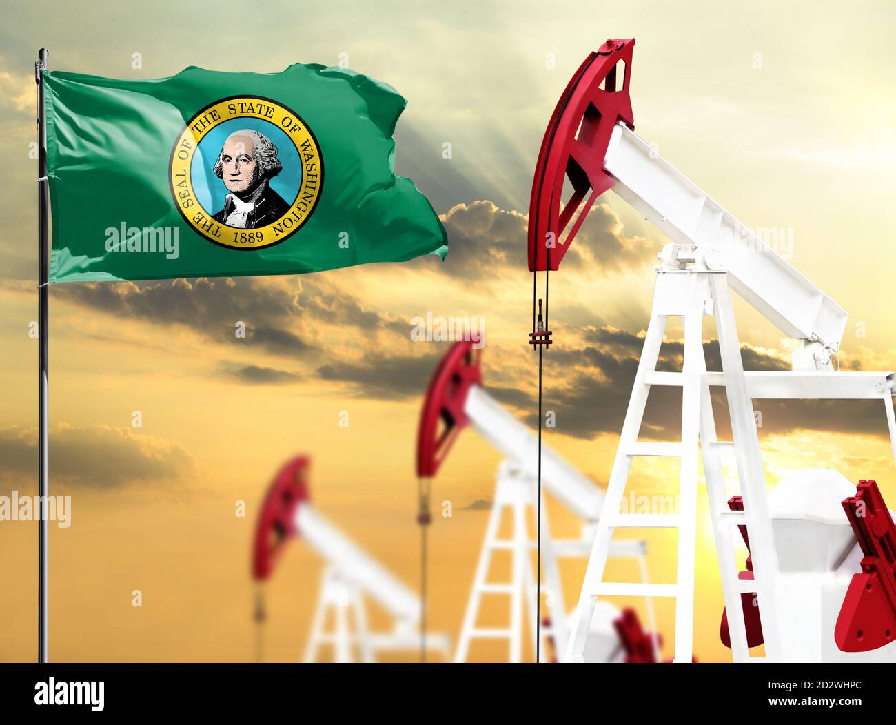 Oil rigs against the backdrop of the colorful sky and a flagpole with ...