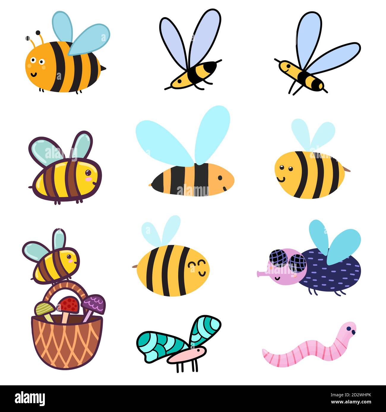 Cute bees set. Clipart bundle with funny colorful insects - bees, fly ...
