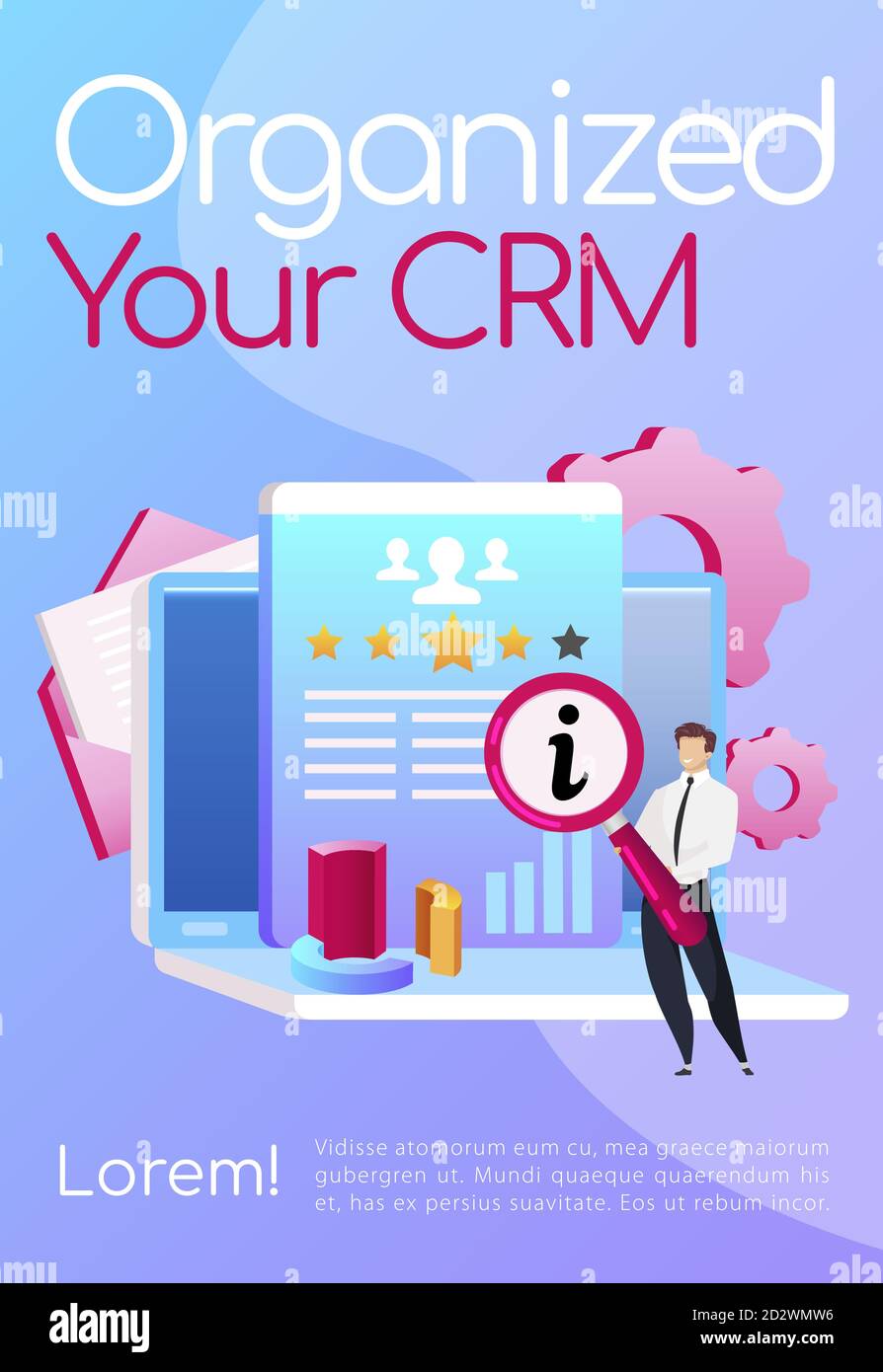 Organize your CRM poster flat vector template. Smiling man keeps ...