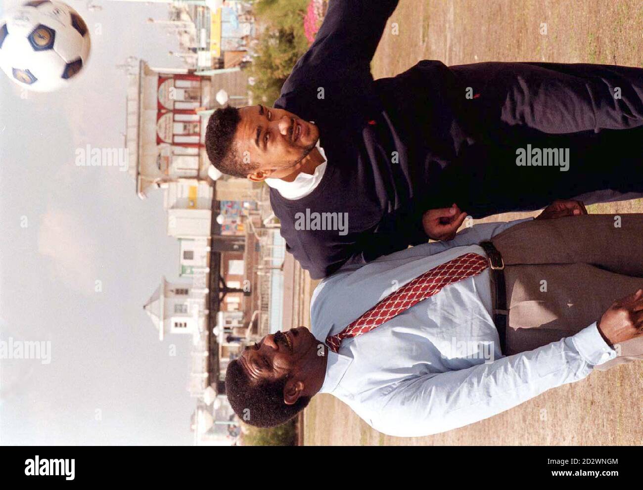 Ex Chelsea player Paul elliott heads a ball today (Monday) to mark the ...