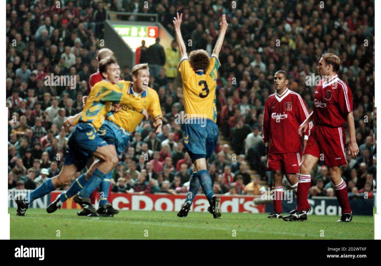 LIVERPOOL PLAYERS LOOK ON AS BRONDBY SCORER EGGEN,3, CELEBRATES HIS ...