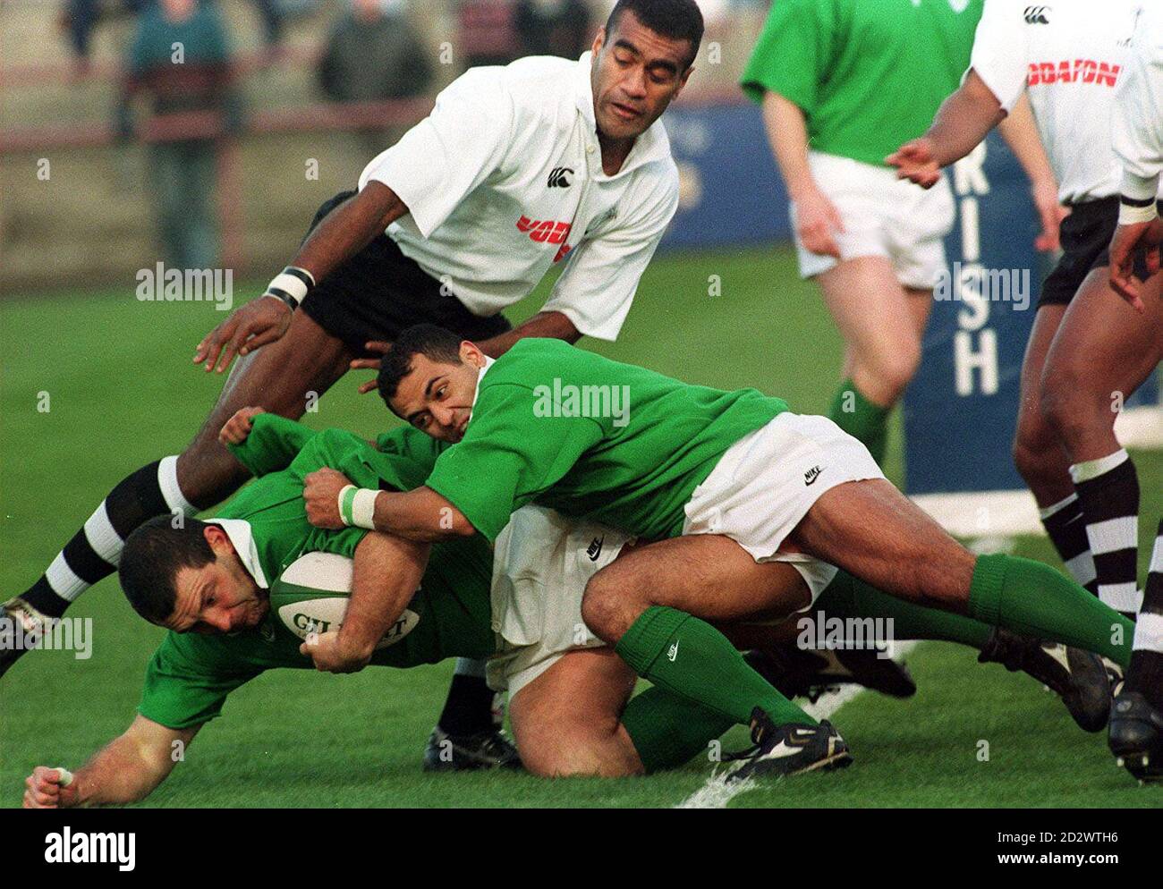 Ireland's Nick Popperwell goes over the try line, but the Ireland ...