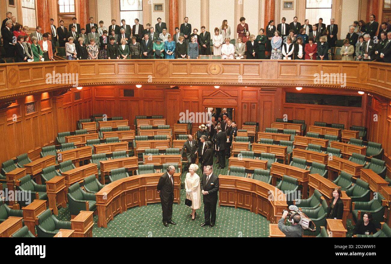 The Queen and NZ Prime Minister Jim Bolger (right) and Peter Tapsell ...