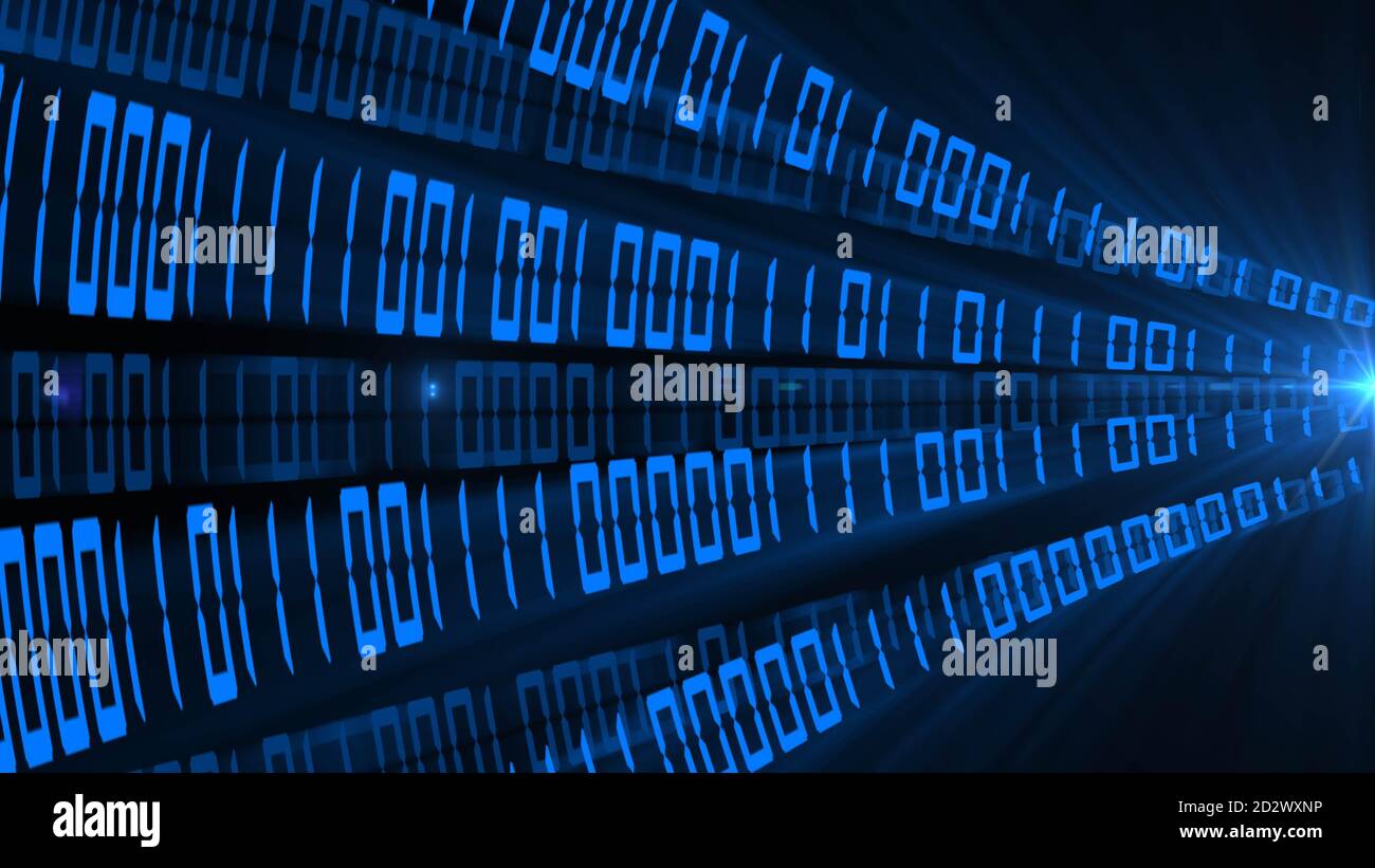 Bright blue abstract binary code on black background with various light ...
