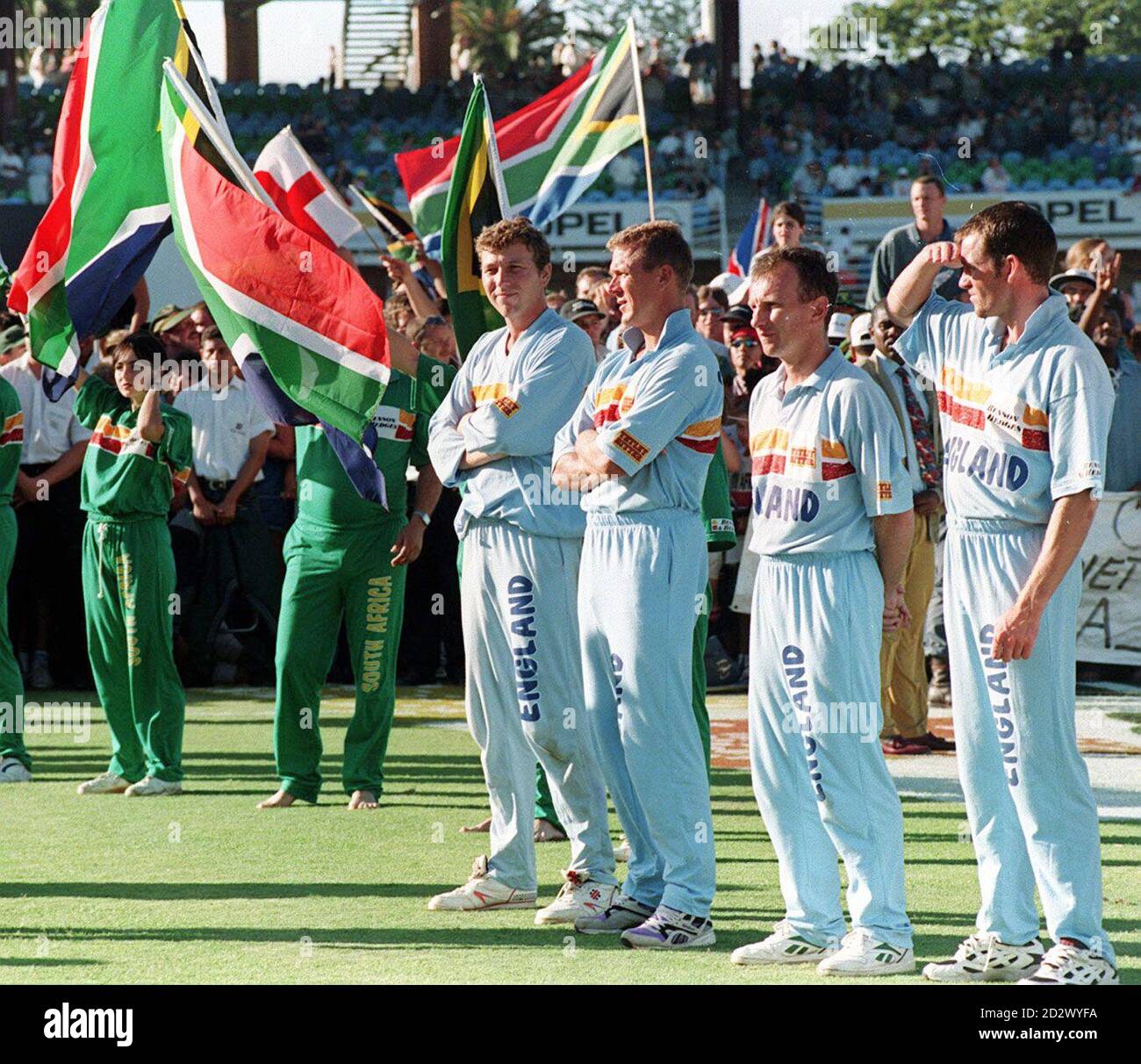 England captain Michael Atherton (left) waits with Alec Stewart, Neil ...