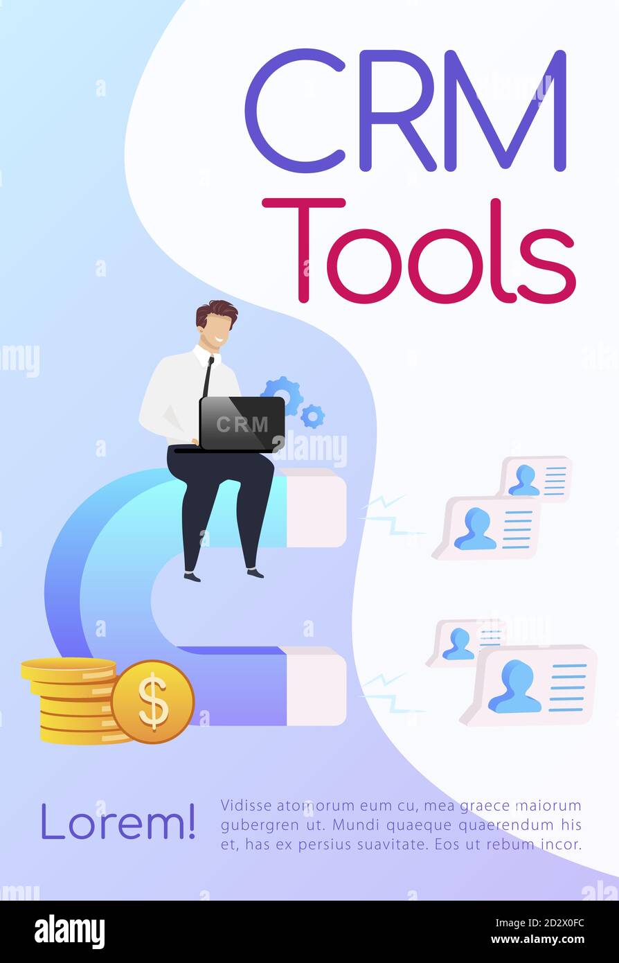 CRM tools poster flat vector template. Businessman sitting on magnet ...