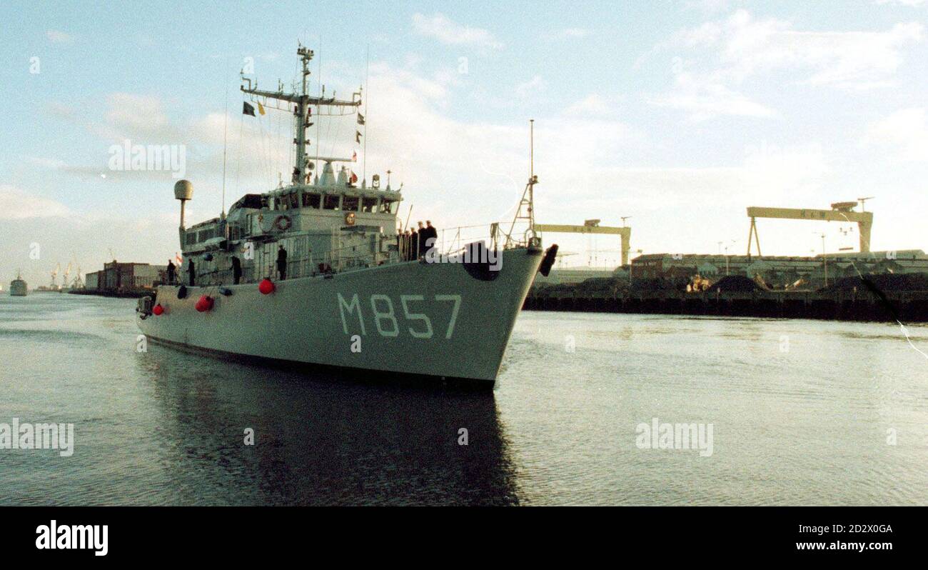 HMS Ledbury, a Royal Navy mine hunter, berths at the SeaCat terminal in ...