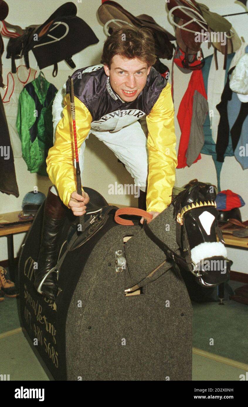 Jockey Jamie Osbourne tries out a new warm-up horse at Newbury Race ...