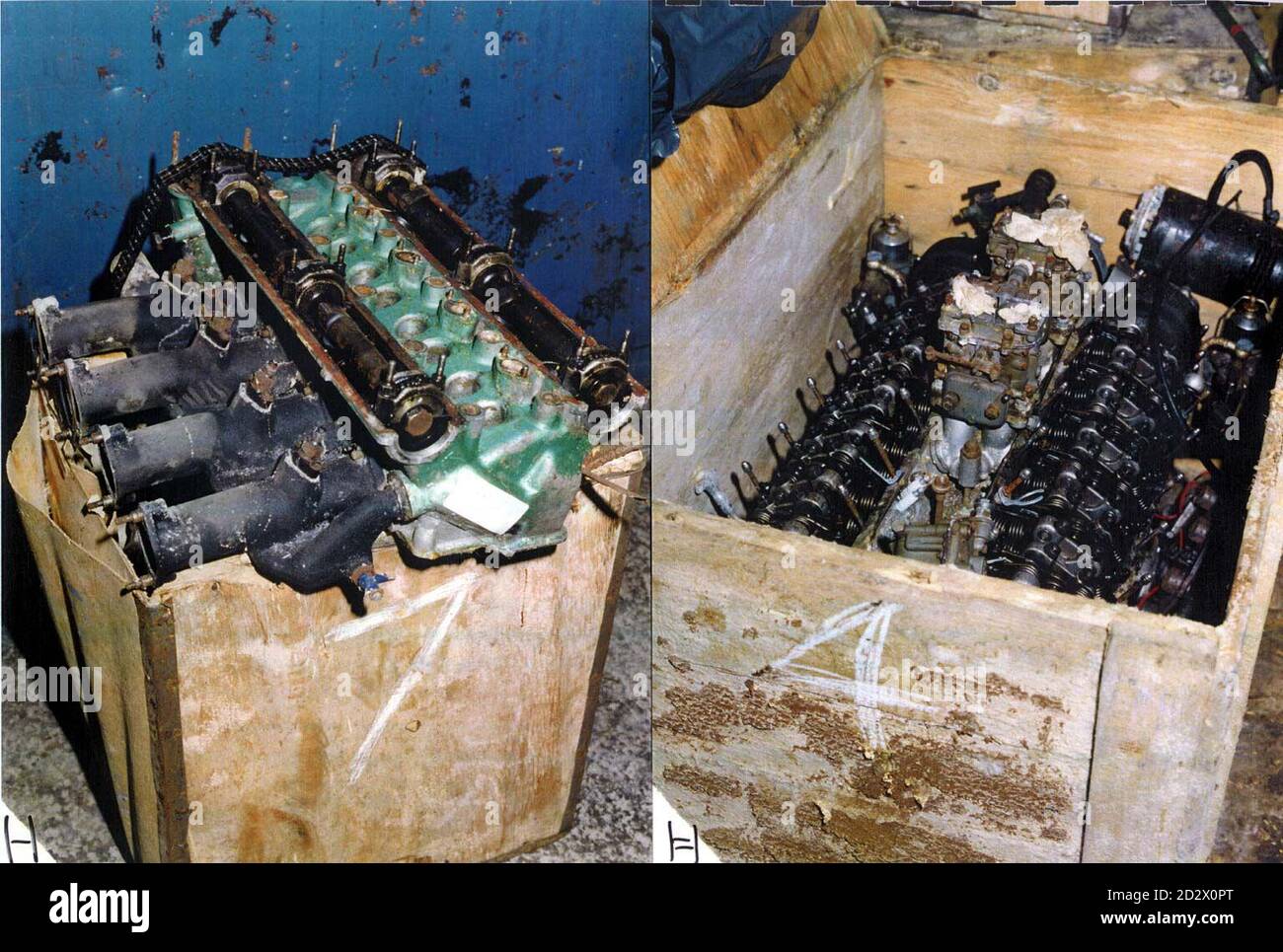 Two of the chests recovered containing car parts (engines). Polo ...