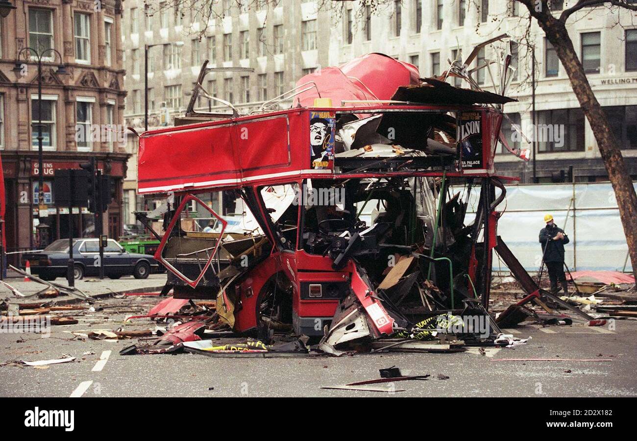 The remains of a No 171 double-decker bus lies in a London street after ...