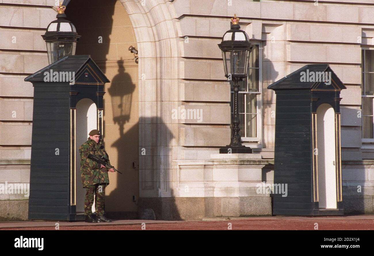 An armed soldier in battle fatigues guard outside buckingham palace hi ...