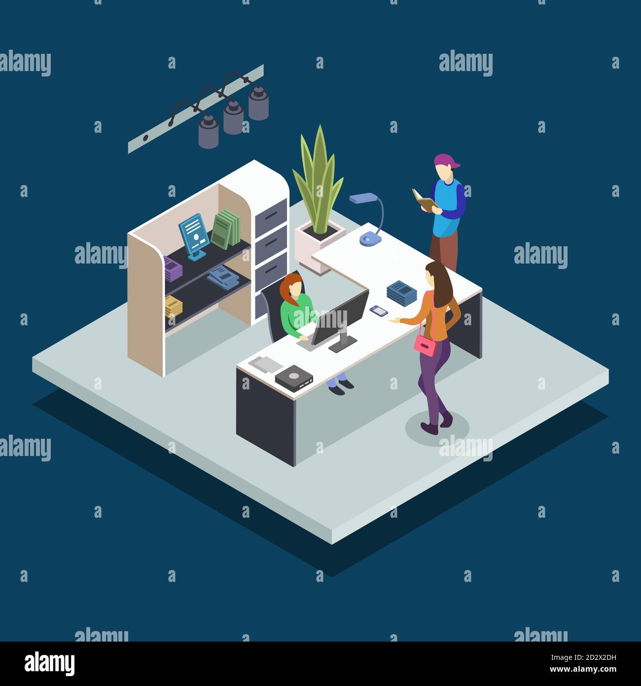 Library reception isometric color vector illustration. Librarian at ...