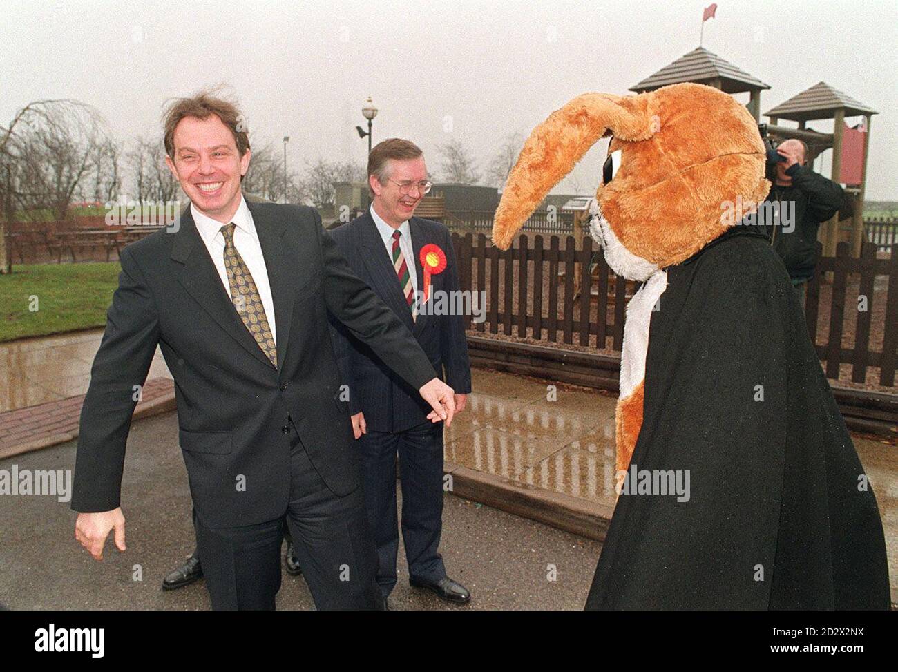 Labour leader Tony Blair (left) meets Long John Bunny (right) while ...