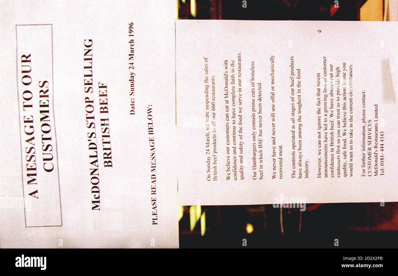 The sign outside a London branch of McDonald's explaining the company's ...