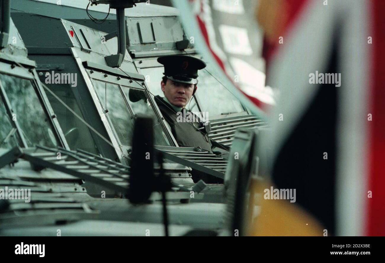 They shall not pass- An RUC officer among the Police Landrovers ...