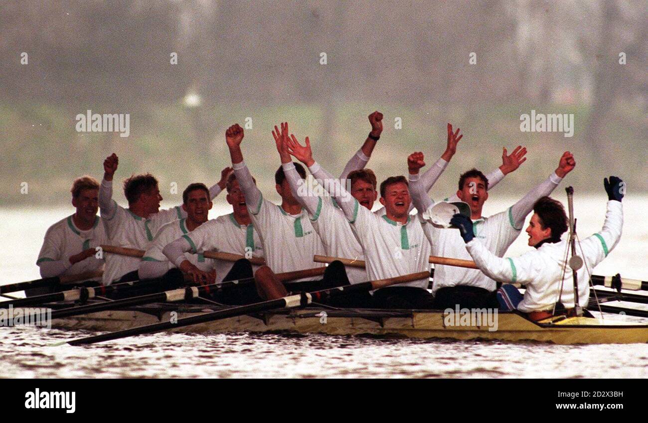 The Cambridge team celebrates after winning the Varsity boat race on ...