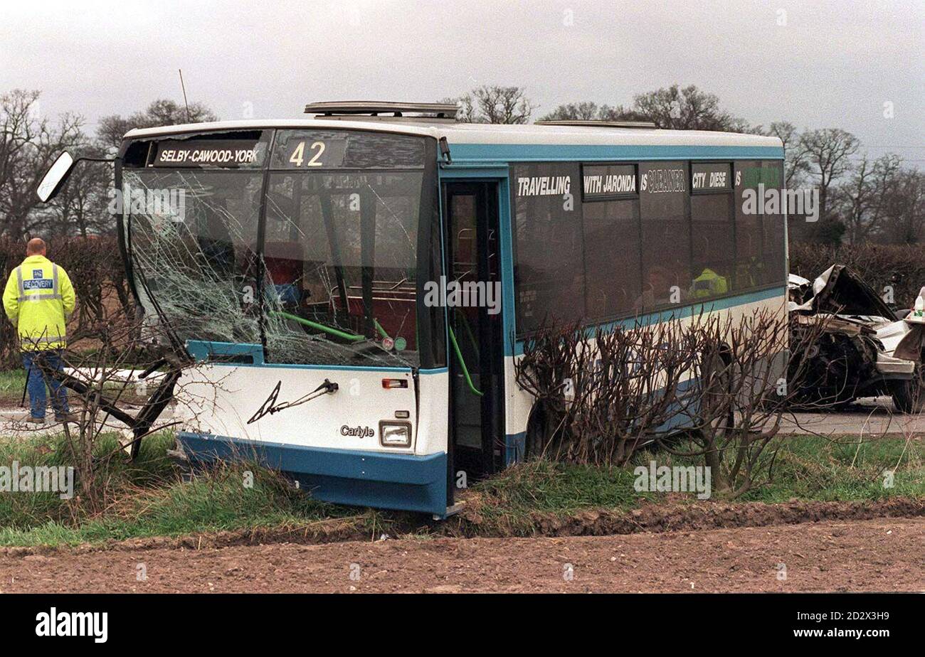 The bus and car involved in a crash near York. The car driver was ...