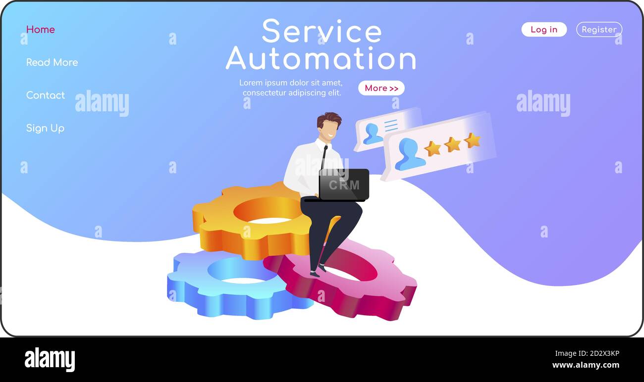 Service automation landing page flat color vector template. Man sitting ...