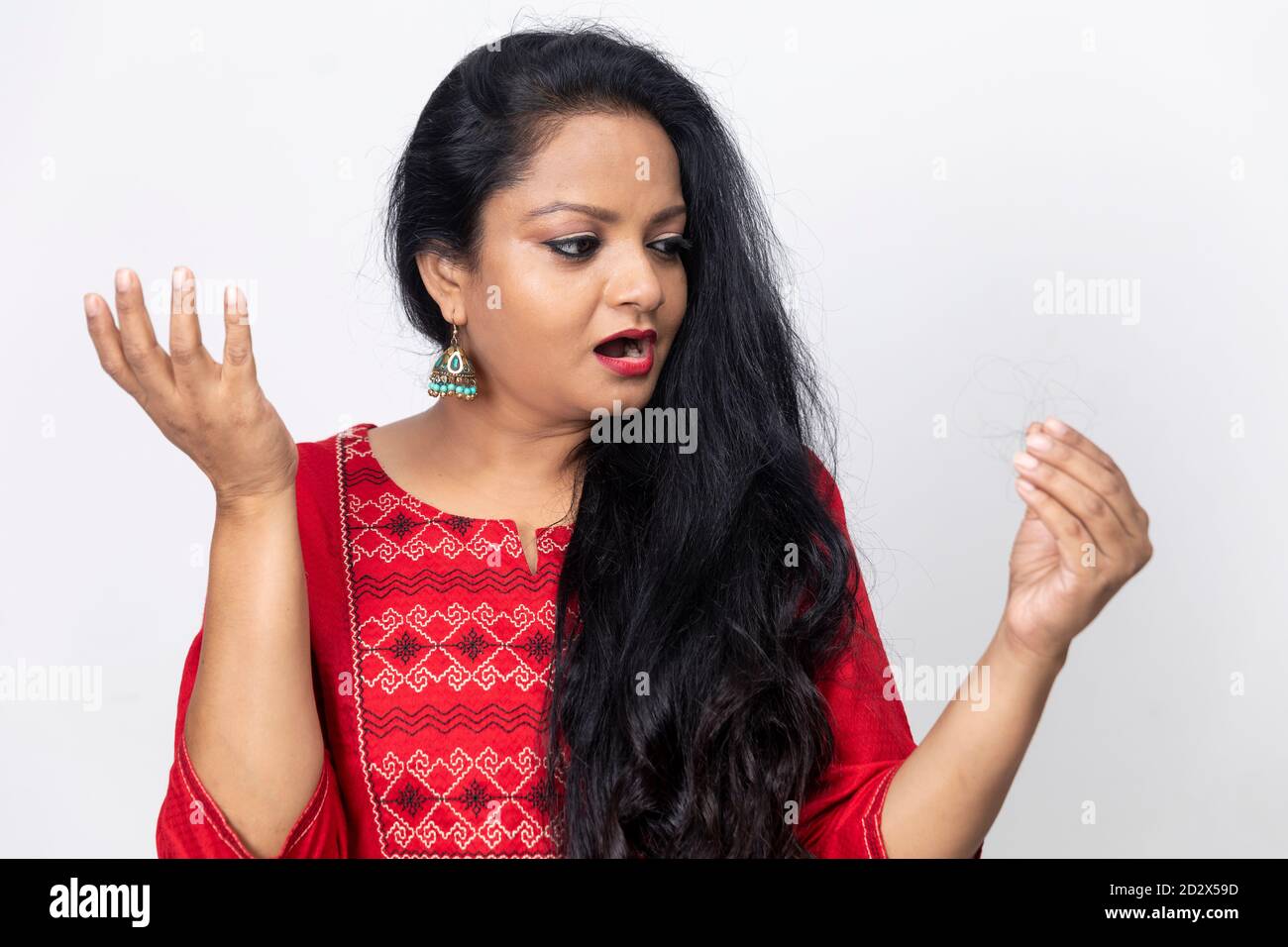 Portrait of Indian woman with long hair facing hair fall problem, hair ...