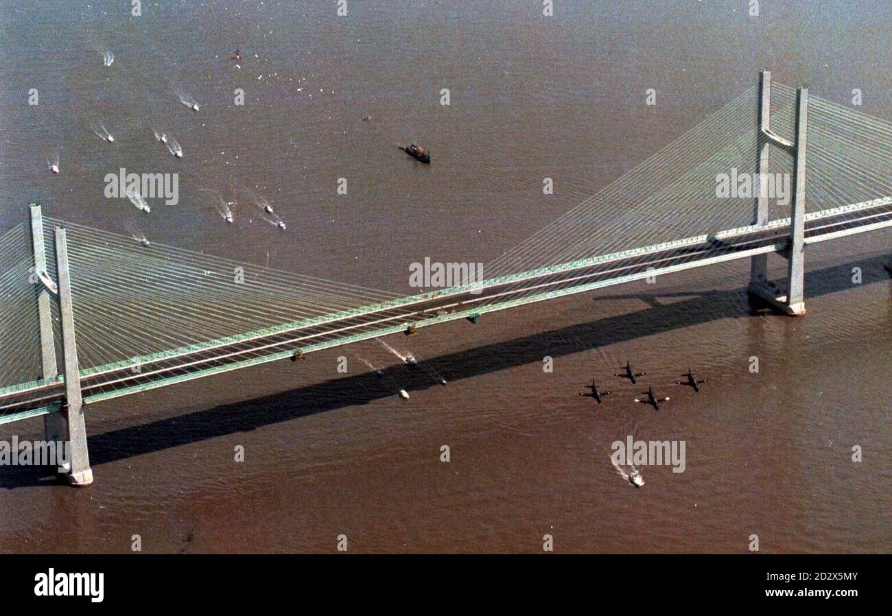 Four Royal Air Force Hawks form a fly past over the Second Severn ...