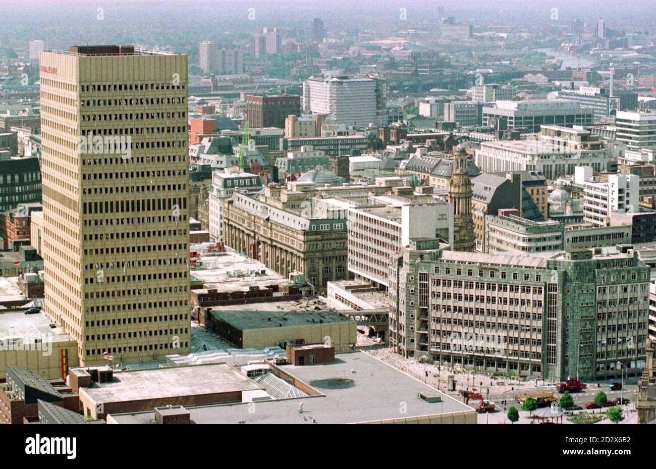 An aerial view of Manchester City Centre showing the bomb-damged ...