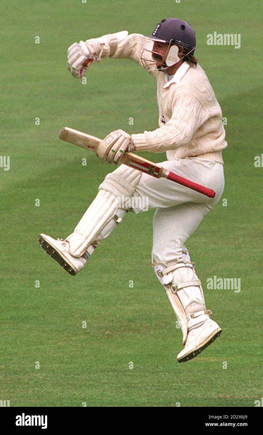 England wicket keeper Jack Russell celebrates his century during today ...