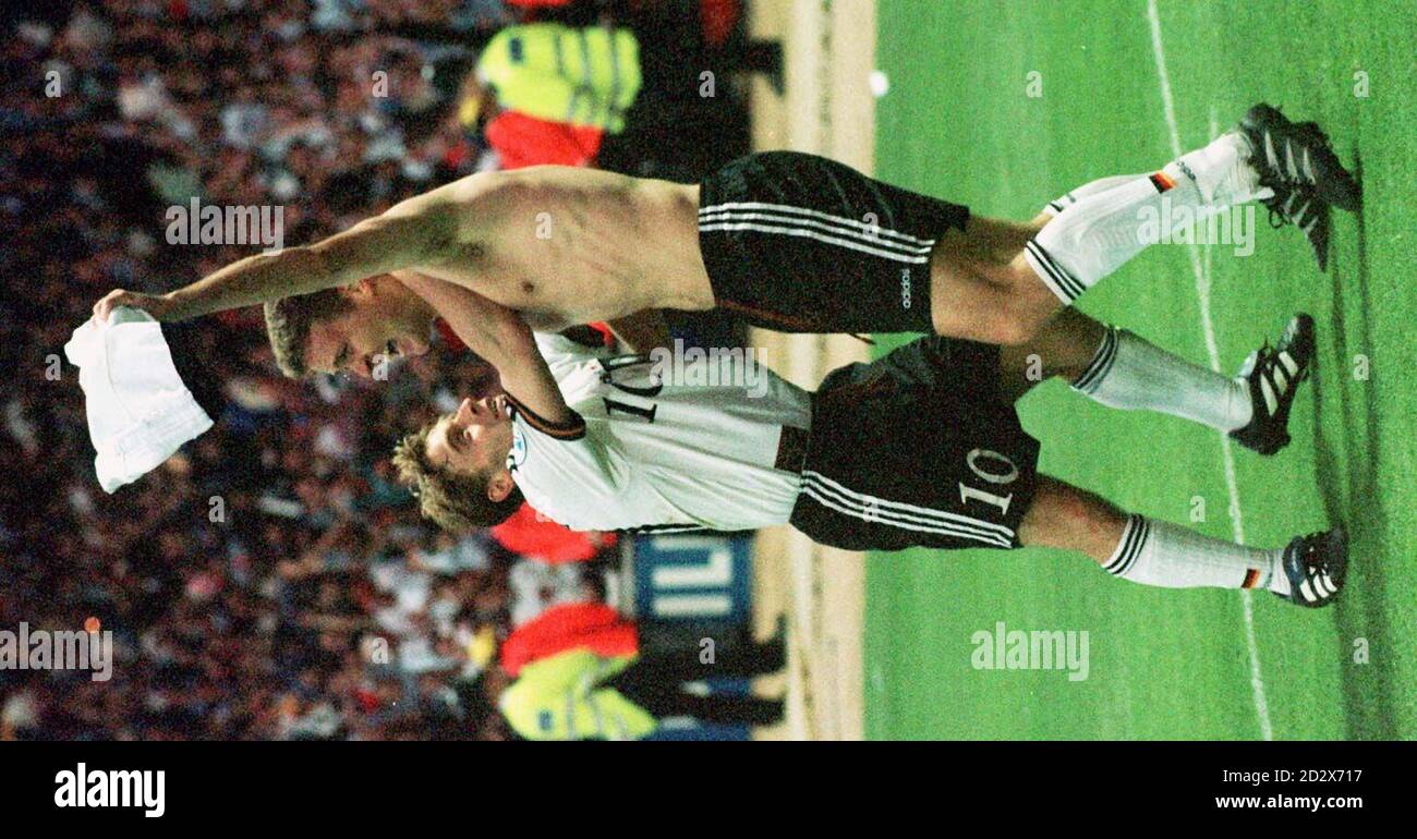 German goal scorer Oliver Bierhoff celebrates with Thomas Hassler (10 ...