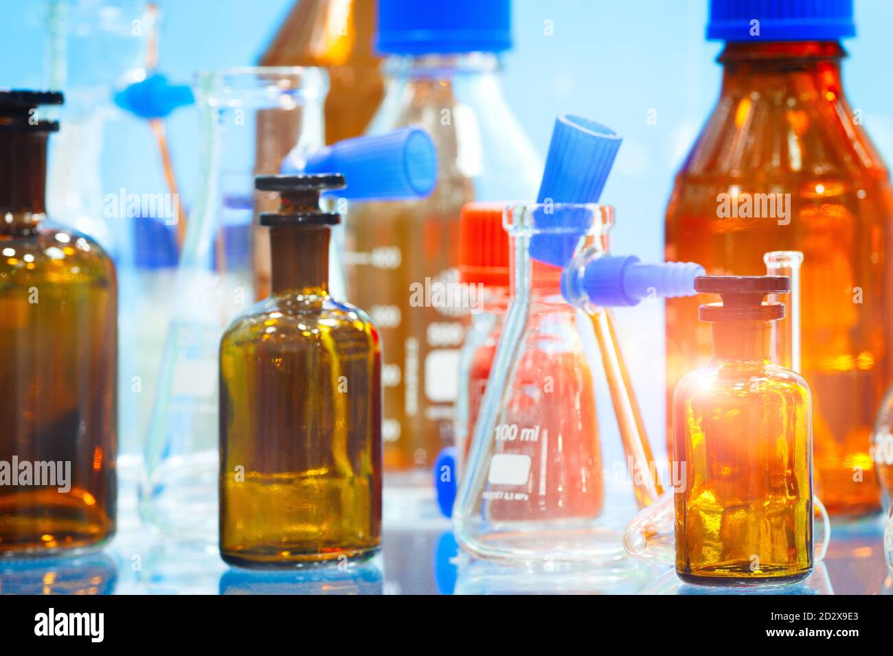 Glass laboratory chemical test tubes with liquid for analytical ...