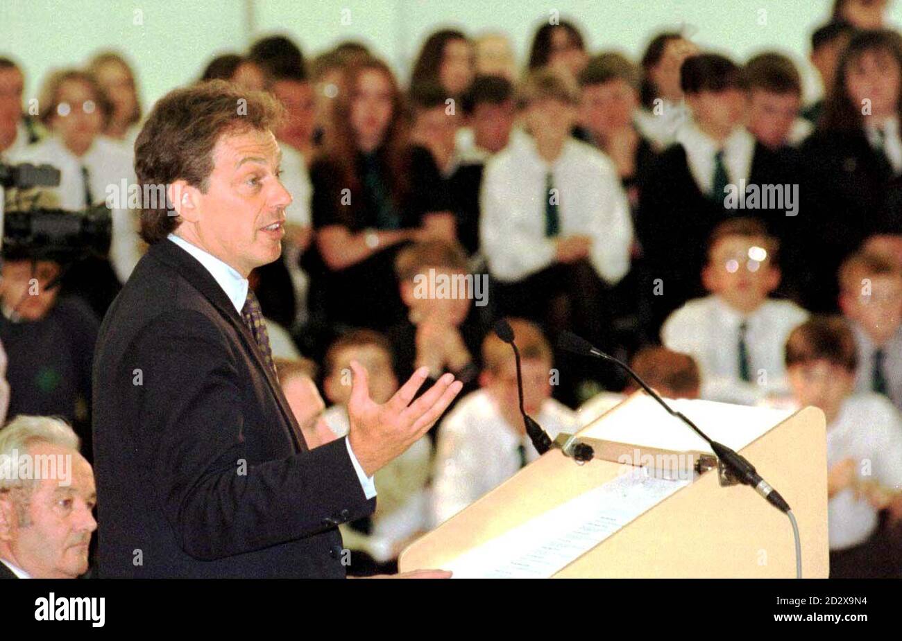 Labour leader Tony Blair speaking to students at Hamilton Grammar ...