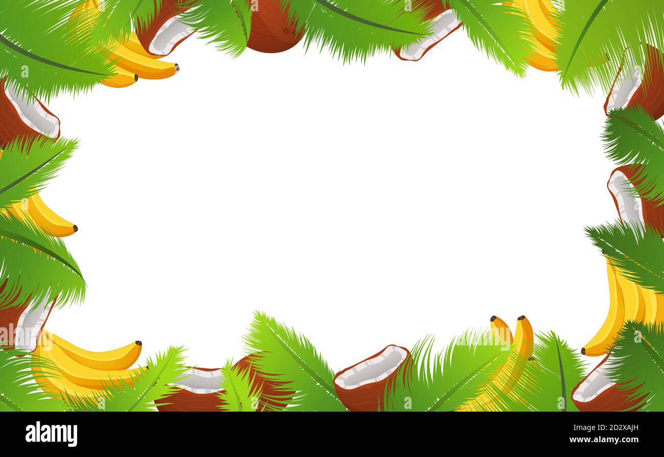 Tropical template of a frame for a banner with palm leaves and coconuts ...