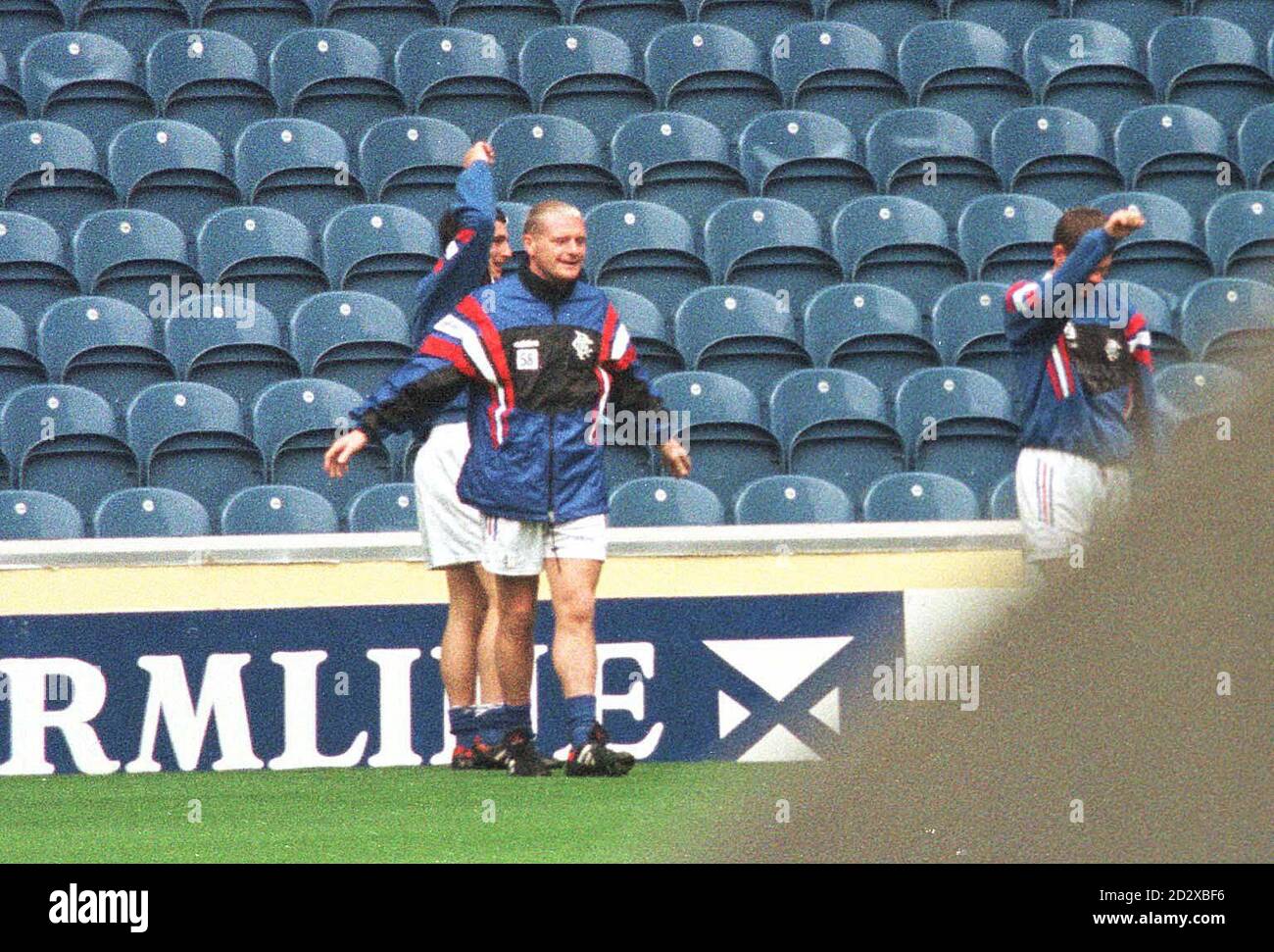 Ranger's Paul Gascoigne (front), training at Glasgow Rangers' Ibrox ...