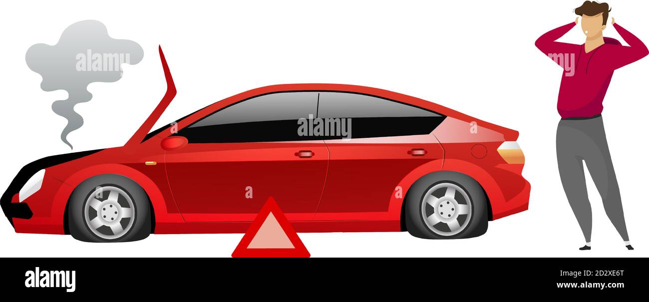 Guy standing by broken car flat color vector faceless character ...