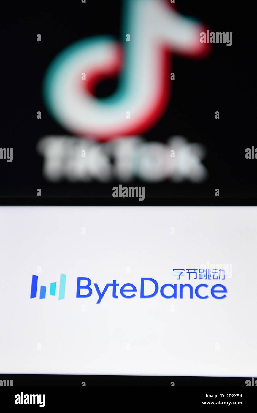 TikTok and ByteDance logos displayed on screens in London, UK Stock ...