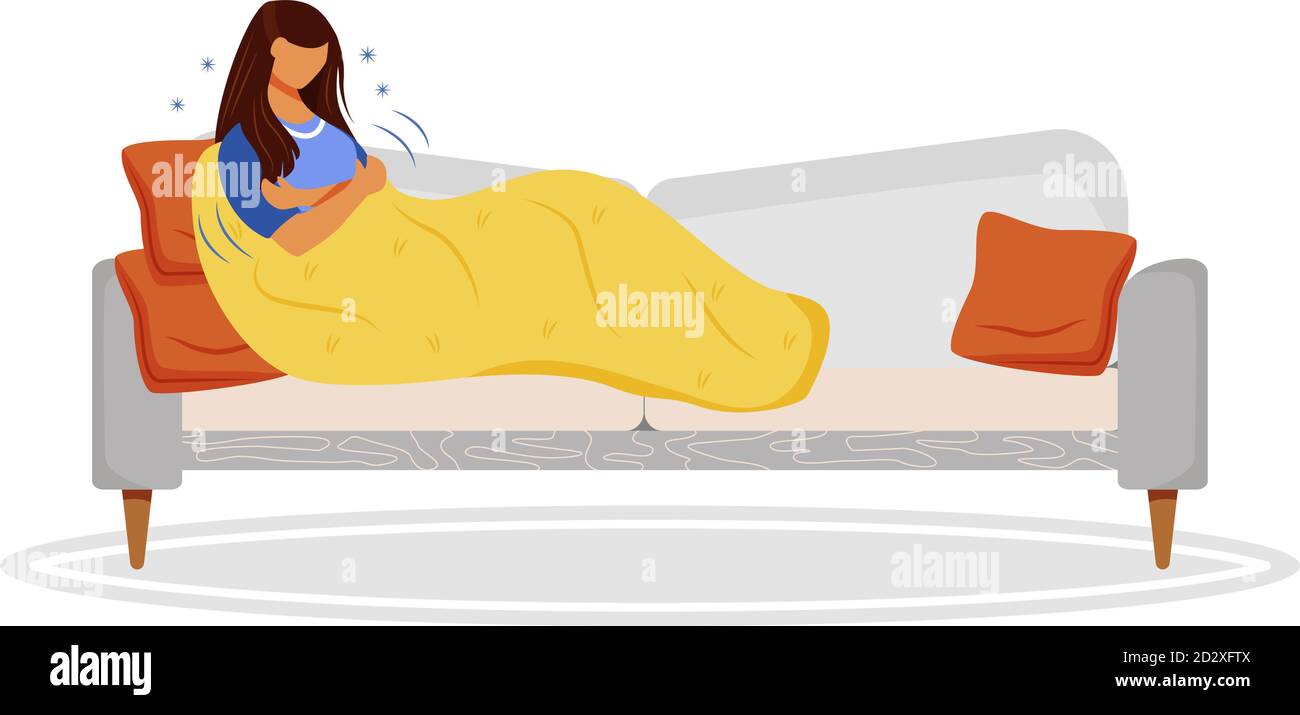 Freezing flat color vector faceless character. Woman with cold on sofa ...