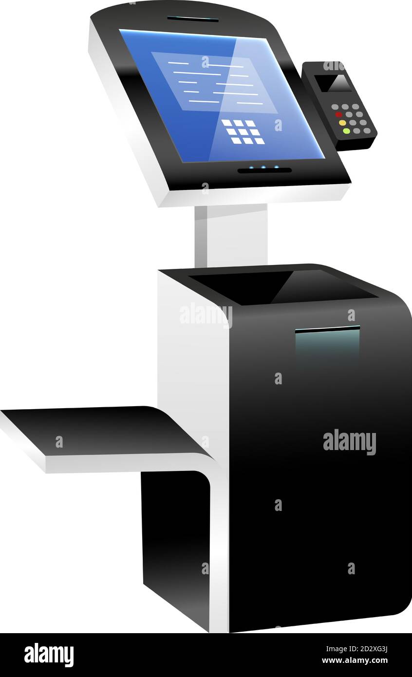 Self service kiosk with terminal realistic vector illustration. Interactive payment system flat ...