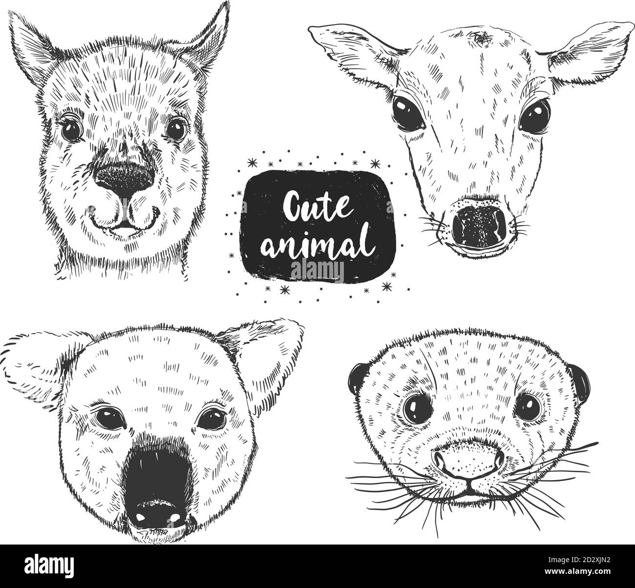 Animal head sketch graphic. Cute monochrome color, isolated in white ...